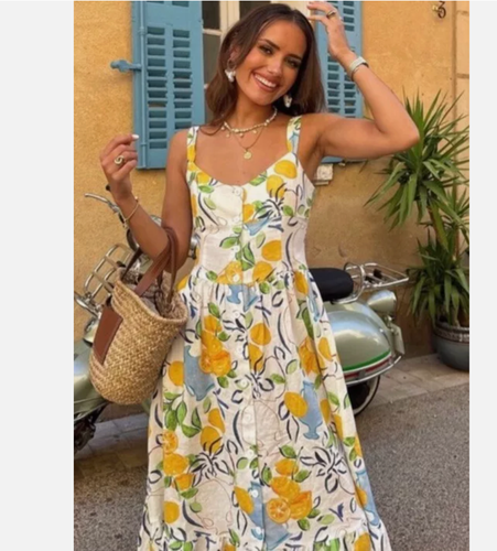 ZARA LEMON PRINTED LINEN BLEND MIDI DRESS Yellow 3611/306 XS S M L ...