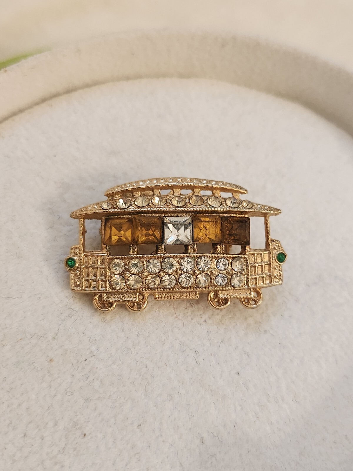 Small Gold Rhinestone Trolley Train car Brooch Pin - Gem