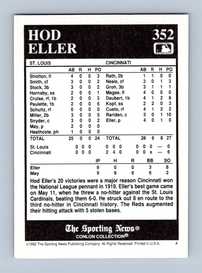 1992 Conlon Collection #352 Hod Eller | eBay
