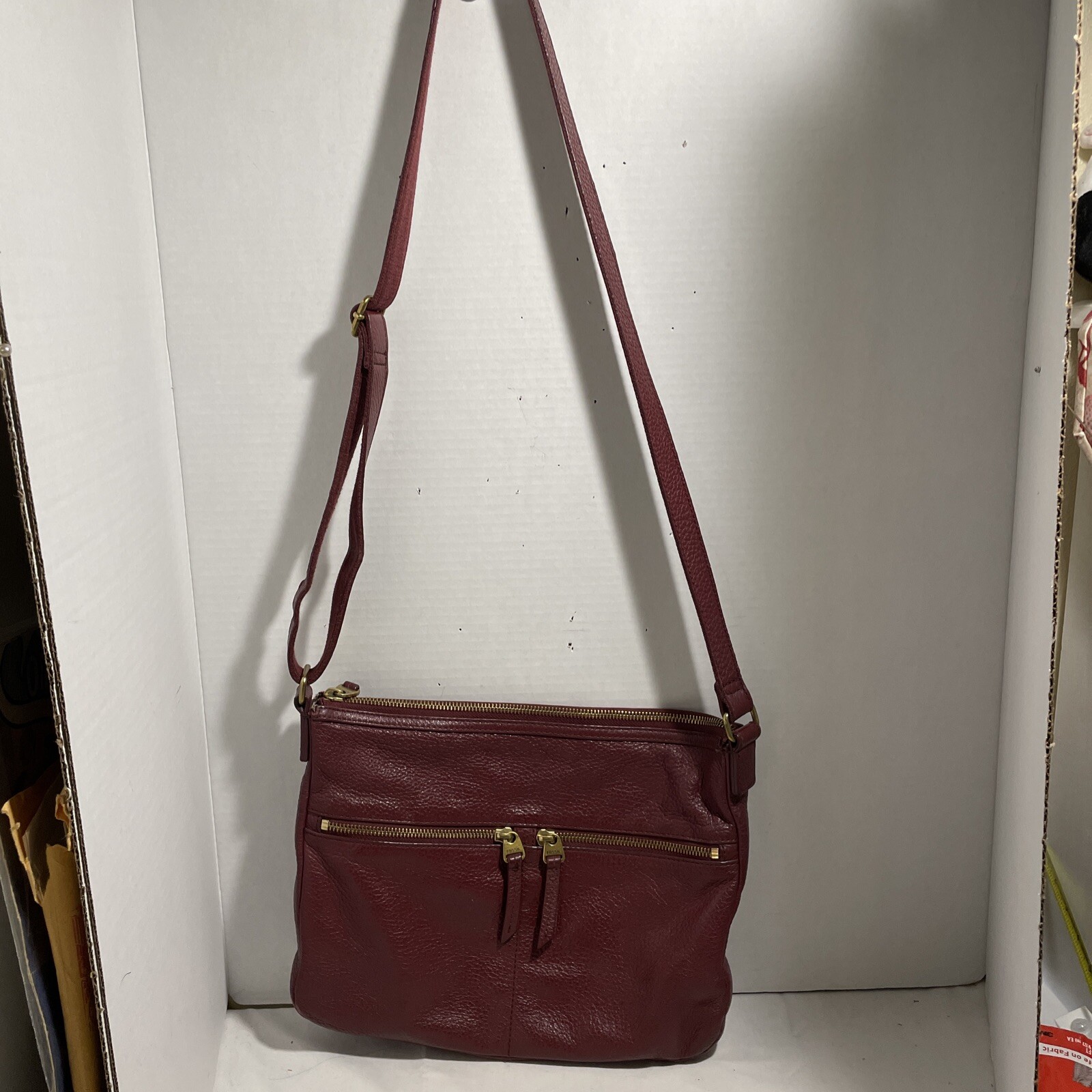 Fossil Red/Burgundy Purse Cross Body Pebble Leather Metal Zippers ...