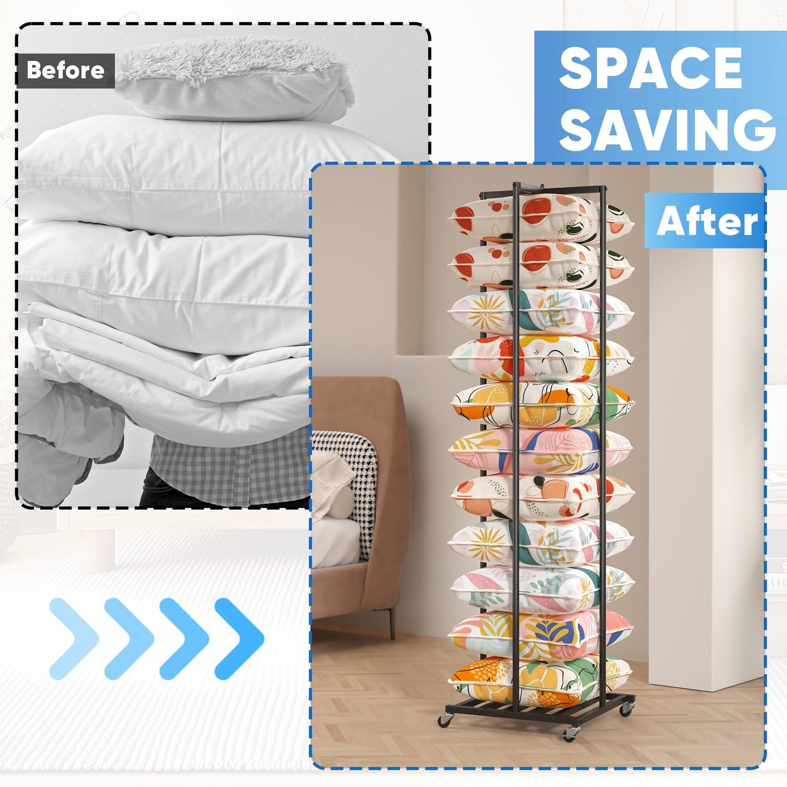 Rolling Pillow Storage Rack Organizer, Adjustable Pillow Display Rack ...