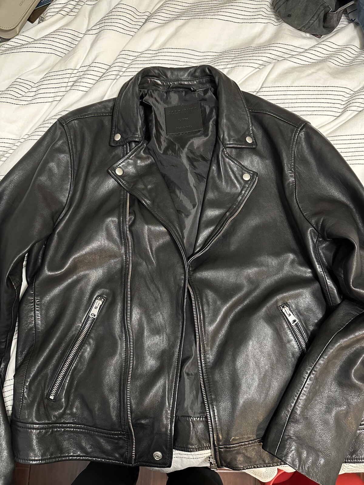 Allsaints Lomi Biker Leather Jacket Mens Size L Black Gem