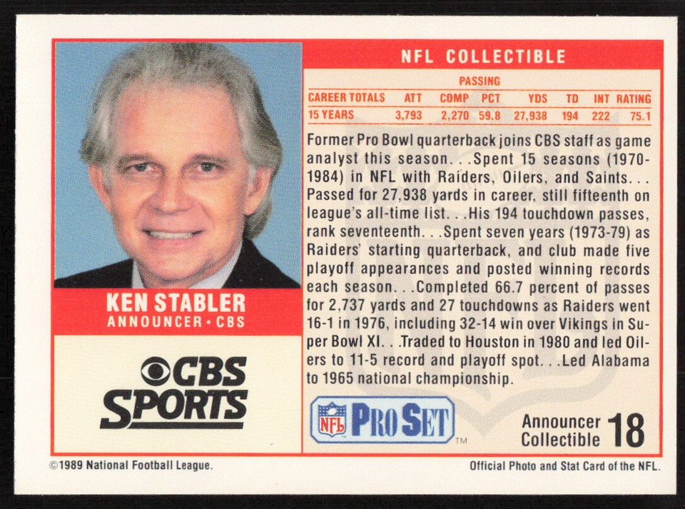 1989 Pro Set Announcer Collectibles Ken Stabler Card #18 - Oakland ...