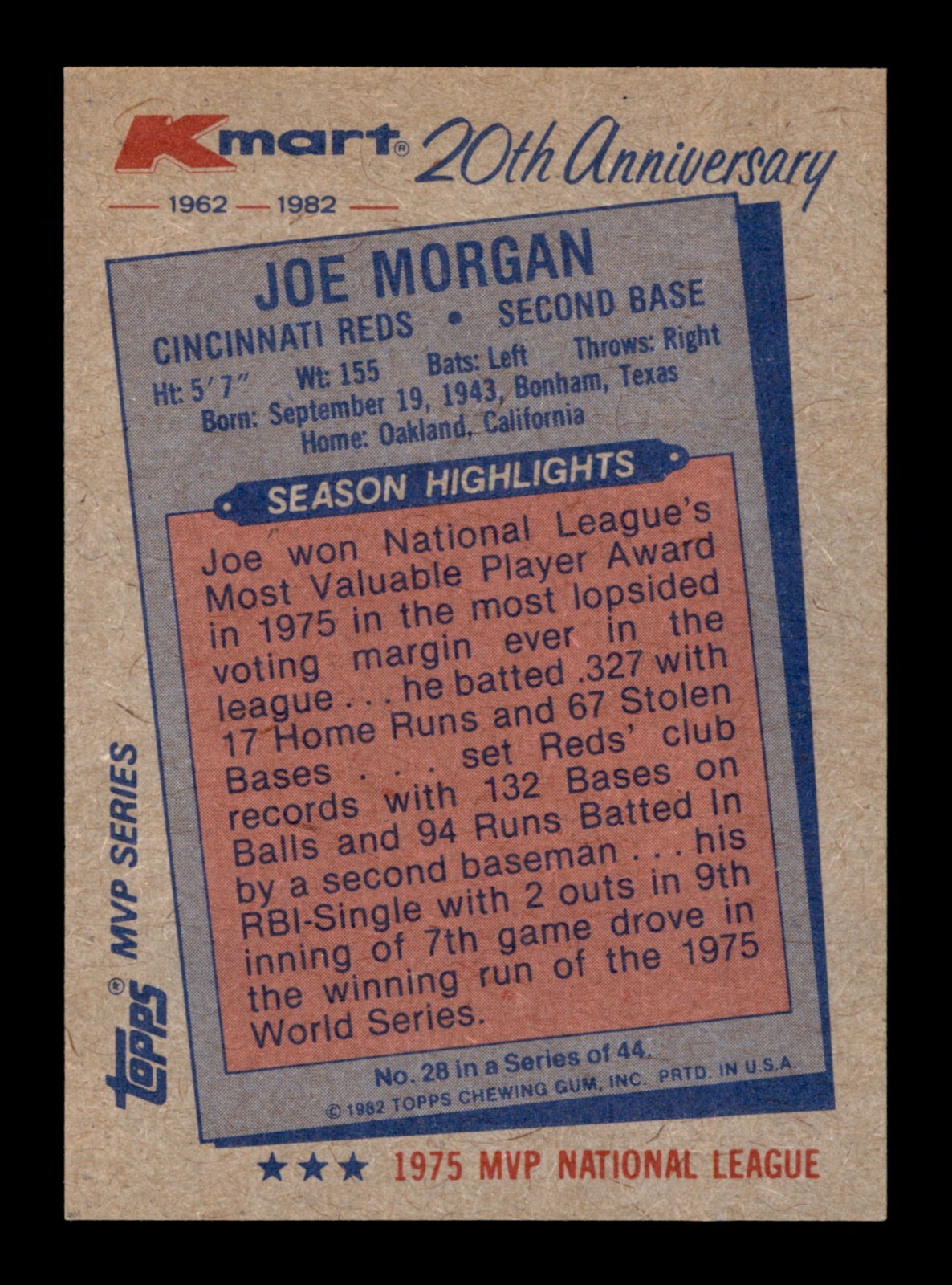 1982 Topps Kmart 20th Anniversary #28 Joe Morgan Cincinnati Reds ...