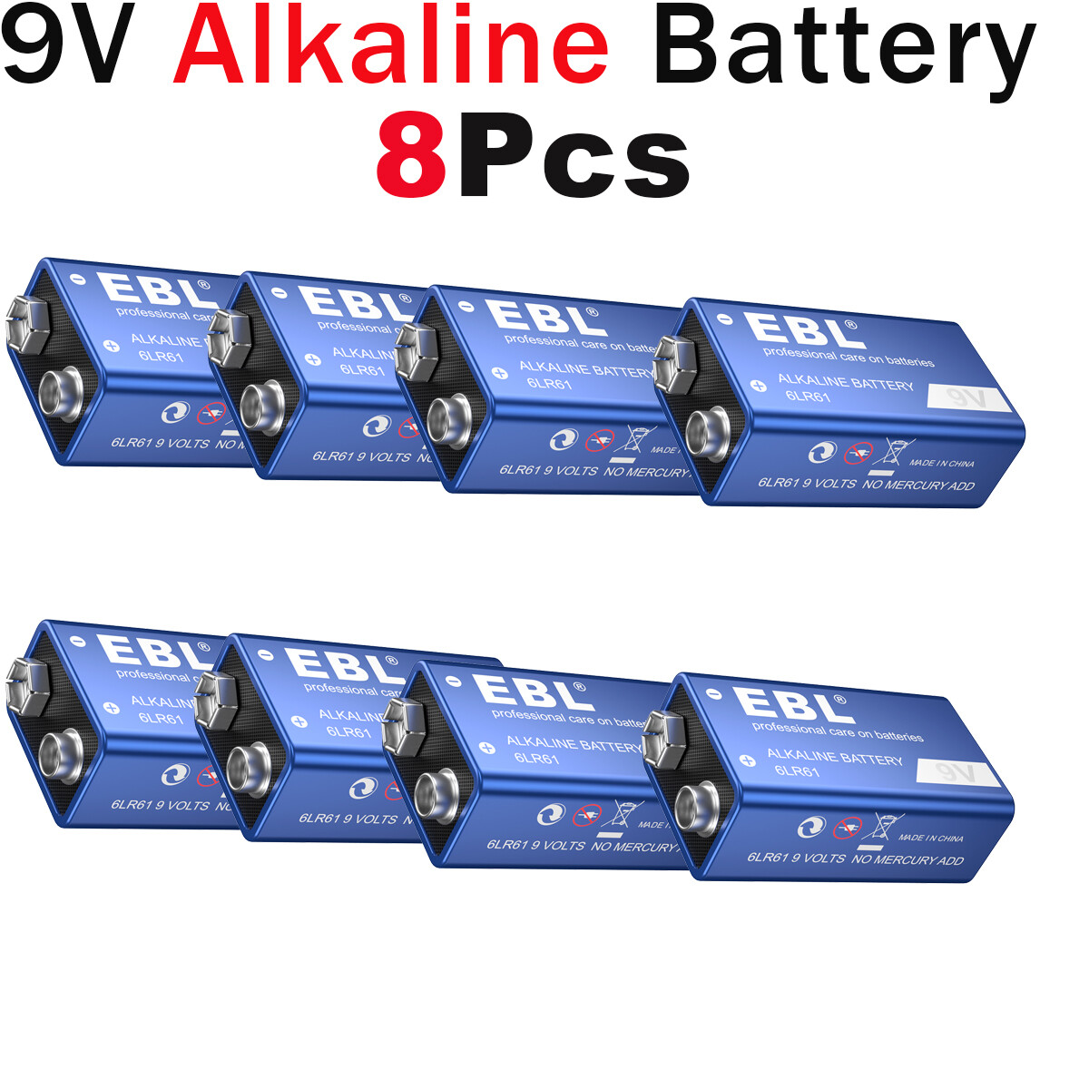 EBL 8Pc 9V Alkaline Battery 6LR61 Batteries 9 Volt Long Lasting and ...