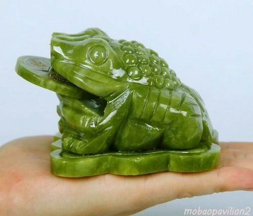 Feng Shui 3 Legged Toad Coins Jade Carved Statue Money Frog Wealth ...