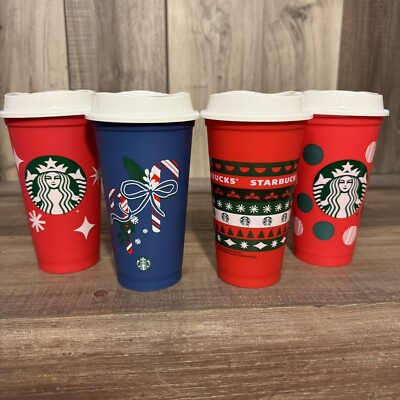 Four (4) Starbucks Christmas Holiday Coffee Reusable Hot Cold Cups 16oz ...