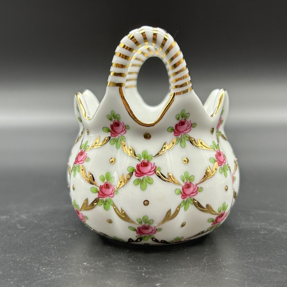 Vintage D.N & E.I. White Gold Pink Flowers Rose Basket Trinket Dish ...