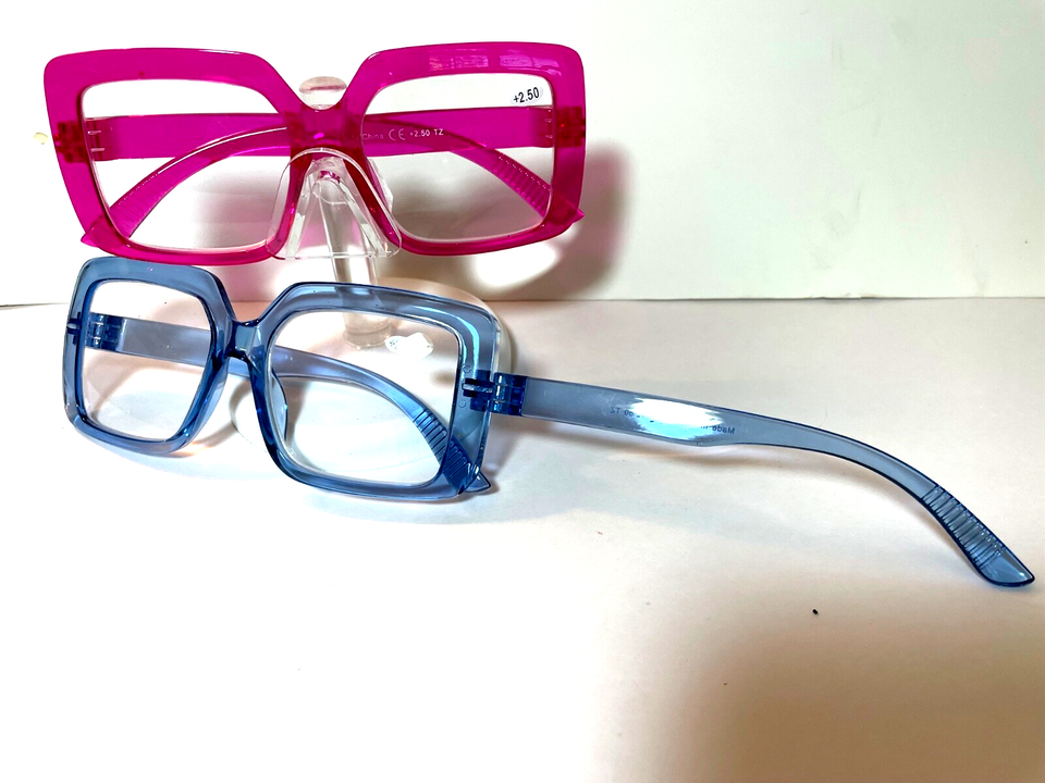 2 PAIR TRENDY SQAURE NEW OVERSIZED READING GLASSES READERS PINK & BLUE ...