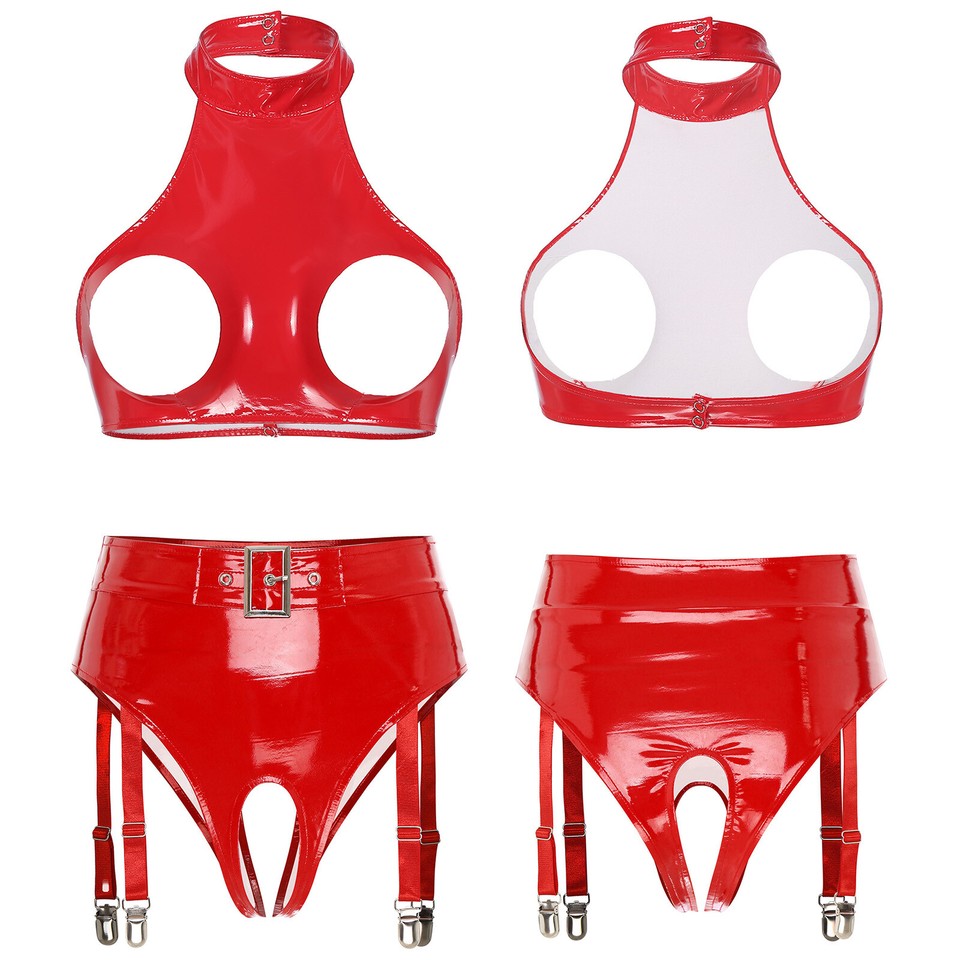 Womens Wet Look Leather Lingerie Open Cups Bra Top with Garter Belt ...