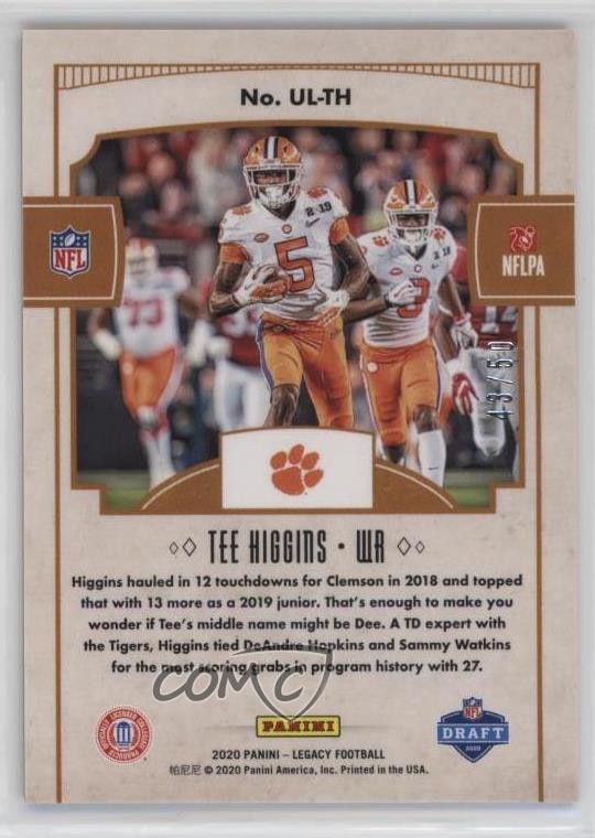 2020 Panini Legacy Under the Lights Ruby /50 Tee Higgins #UL-TH Rookie ...