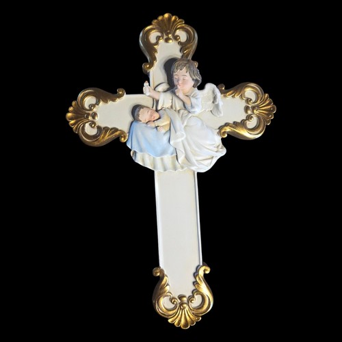 Wall Baptismal Cross Gift Hush a Bye Angel Leaning Over Baby 9"x6 ...