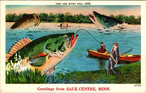MN, Minnesota SAUK CENTRE Greetings FISH~FISHING EXAGGERATION ca1940's ...