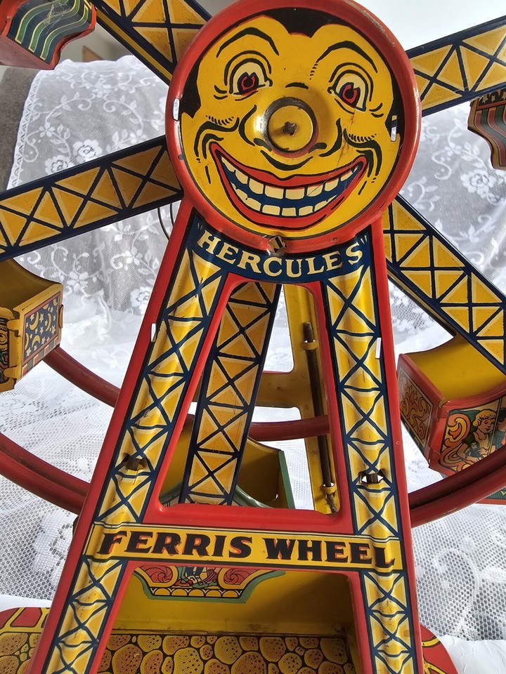 Vtg J.CHEIN HERCULES FERRIS Mechanical WHEEL Wind Up Litho Tin Toy 1930 ...