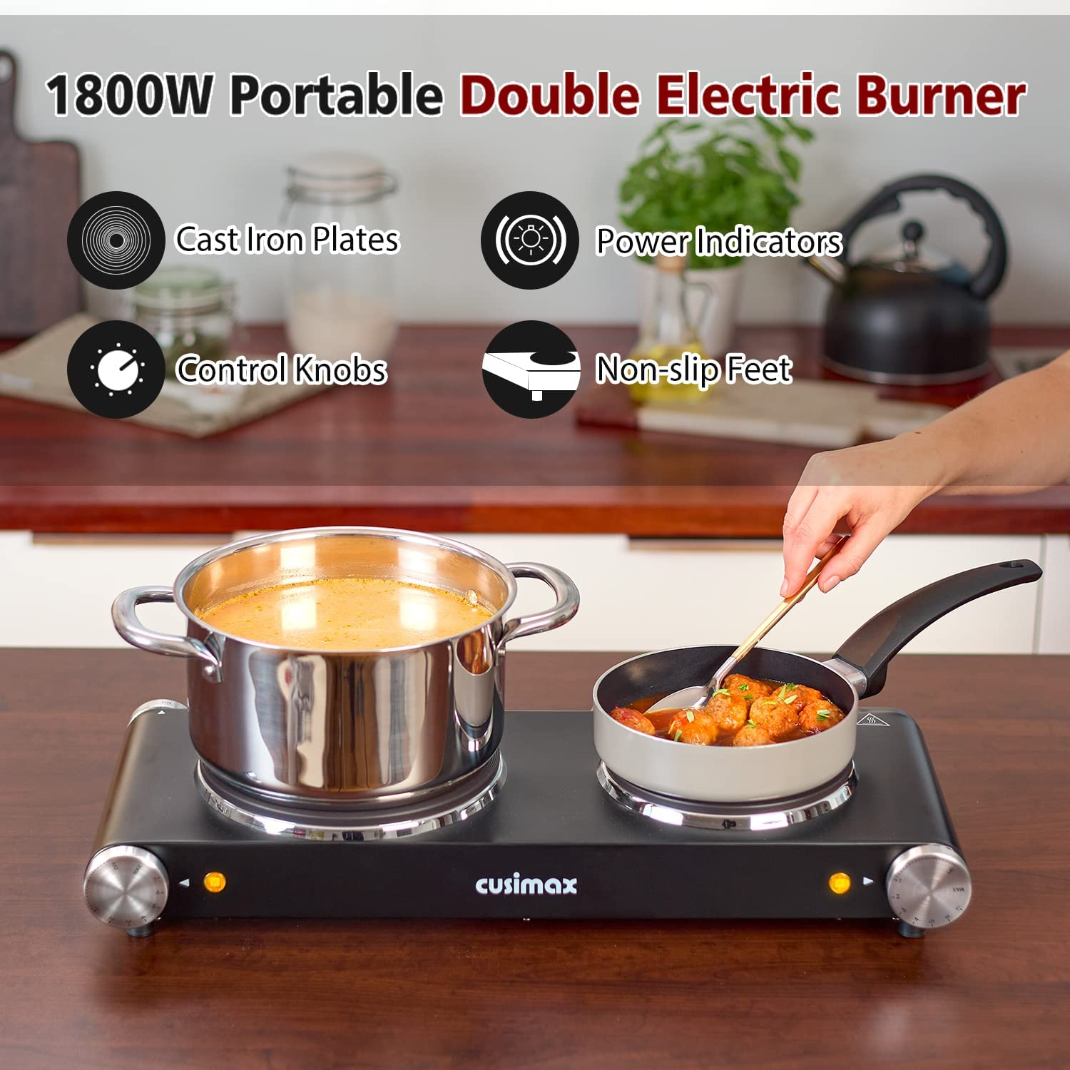 Double Hot Plates Electric Burner, 1800W Countertop Cooktop with ...
