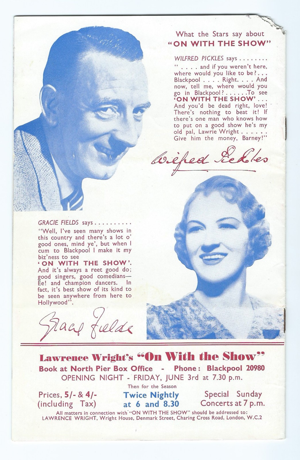 BLACKPOOL NORTH PIER PROGRAMME 1949 LAWRENCE WRIGHT ALBERT MODLEY BETTY ...