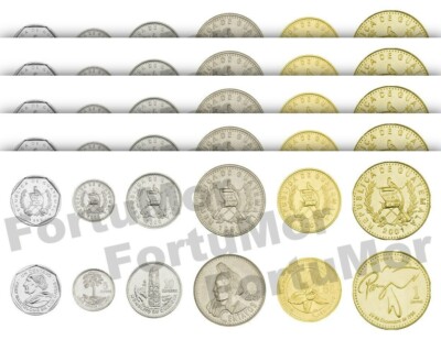 Guatemala 5 (x) 6 Pcs UNC Coin SET, 1 5 10 25 50 Centavos 1 Quetzal ...