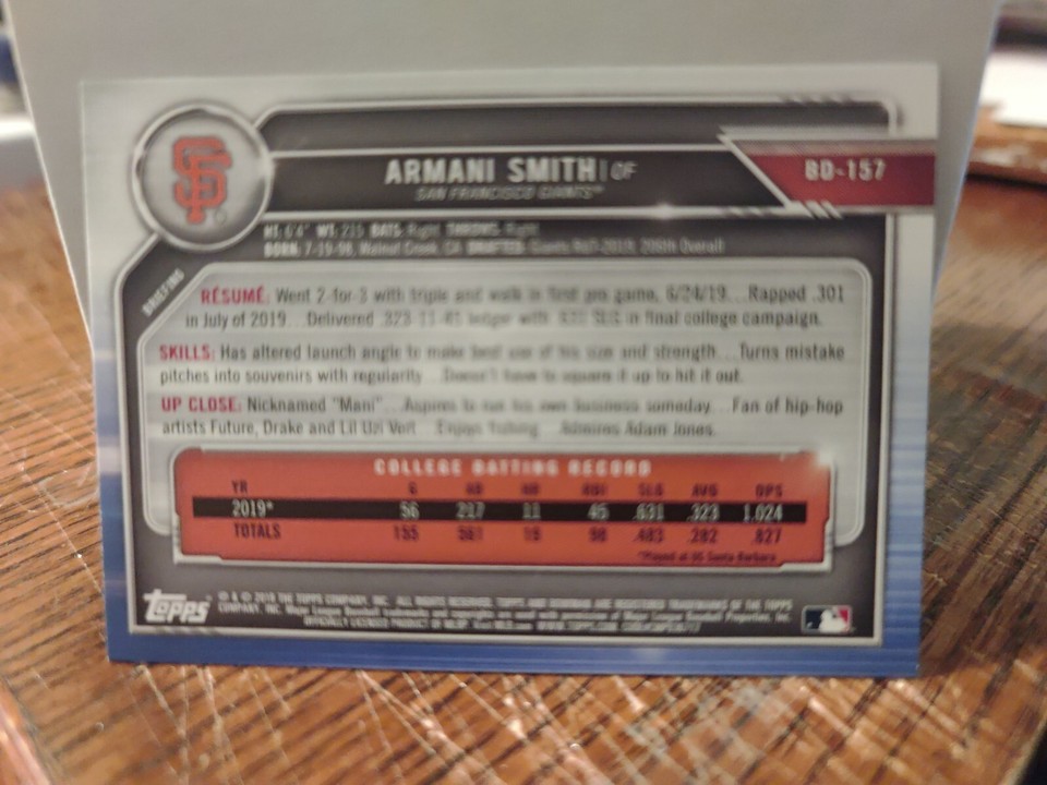 Armani Smith Autographed 2019 1st Bowman Draft Paper Signed Card BD-157 ...