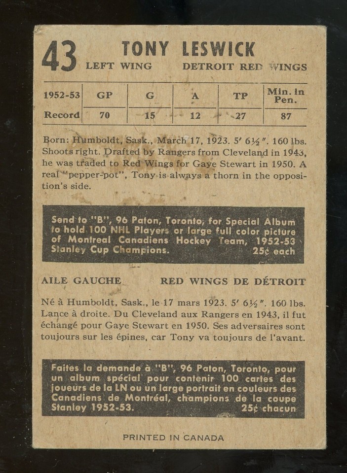 Tony Leswick Parkhurst 1953-54 #43 Hockey Card AB-9594 | eBay