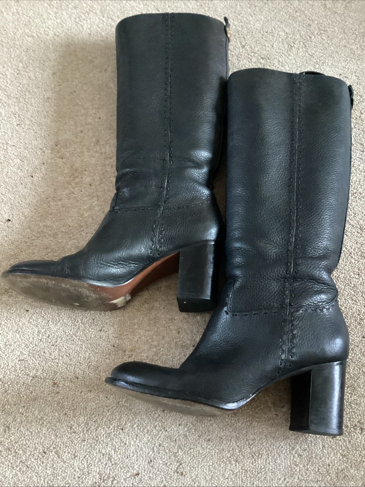 Tory Burch Black Pebble Leather Pull On Knee-High Boots Block Heel UK6 ...