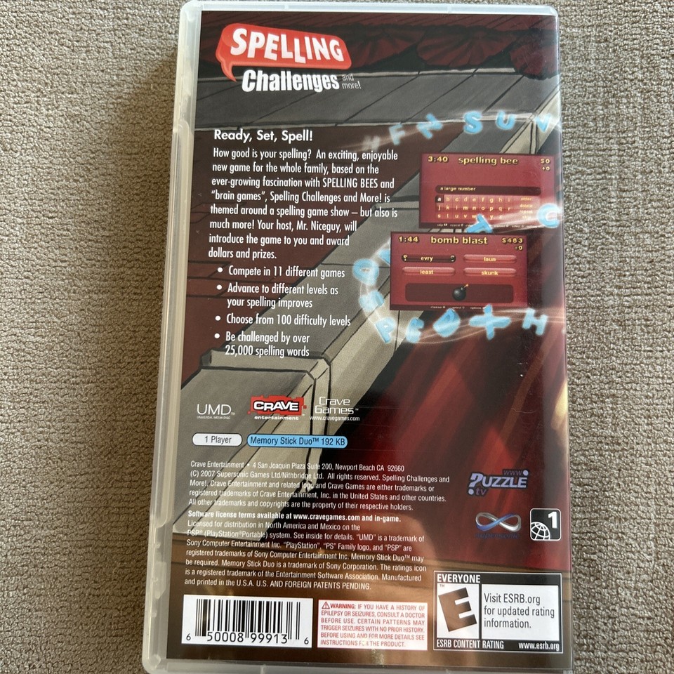 Spelling Challenges and More! Game| Sony PSP, 2007| Rated E ...