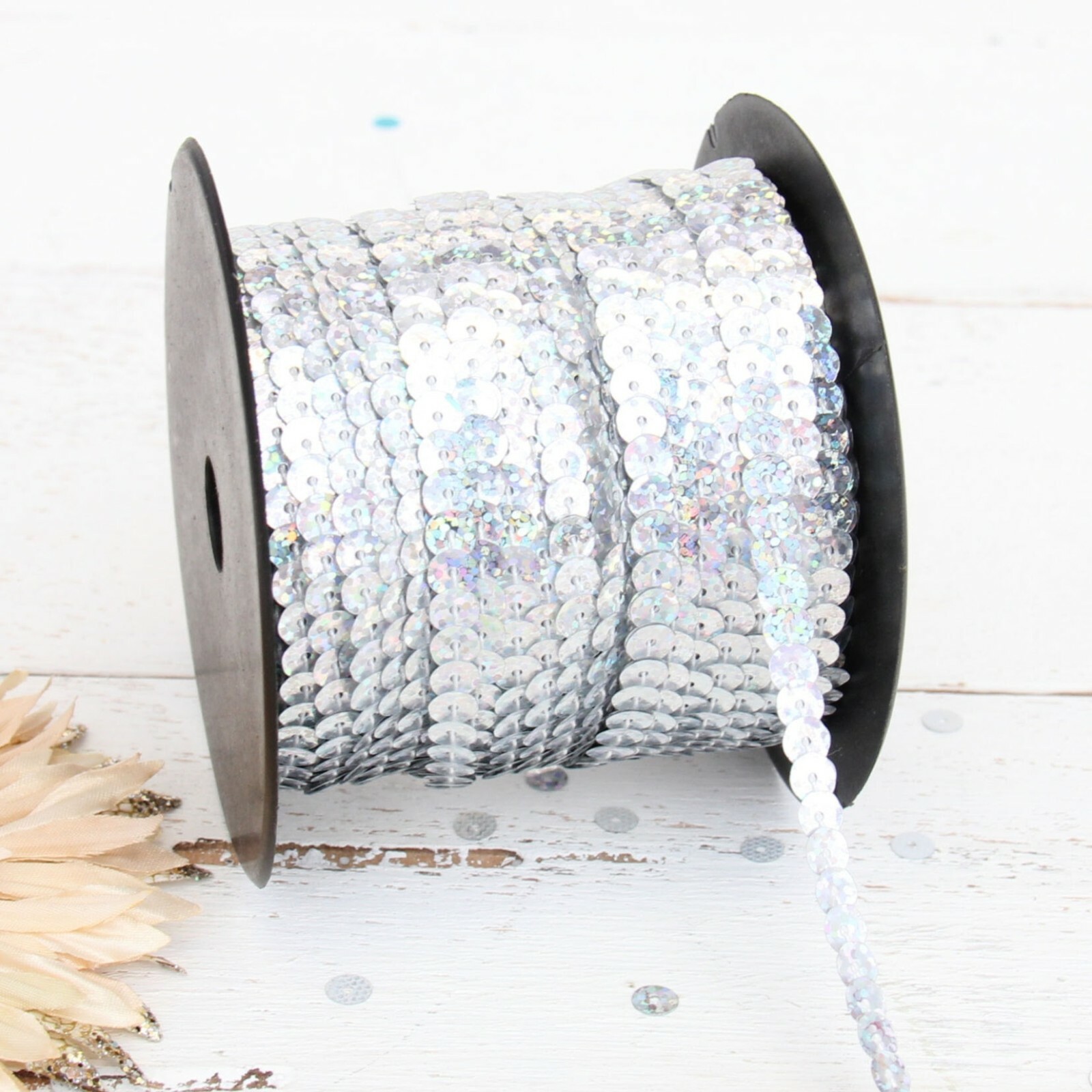 6MM SEQUIN STRING - BIG 80 YD ROLLS - 17 COLORS - SOLID & HOLOGRAPHIC ...
