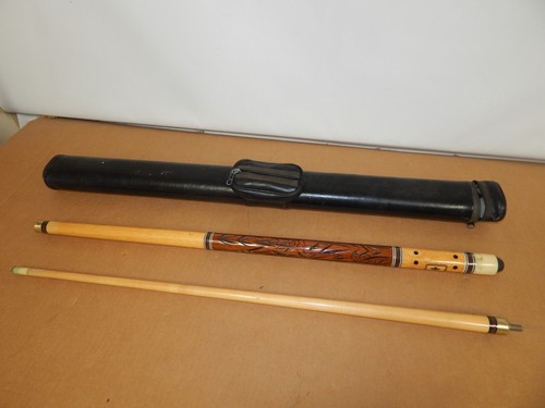 Vintage Pool Cue Stick Carved 57.5" Long w/ Leather Case Billiards 2 ...