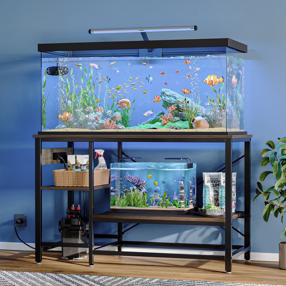 55 Gallon Fish Tank Stand with Power Outlets 3 Tier Metal Aquarium ...