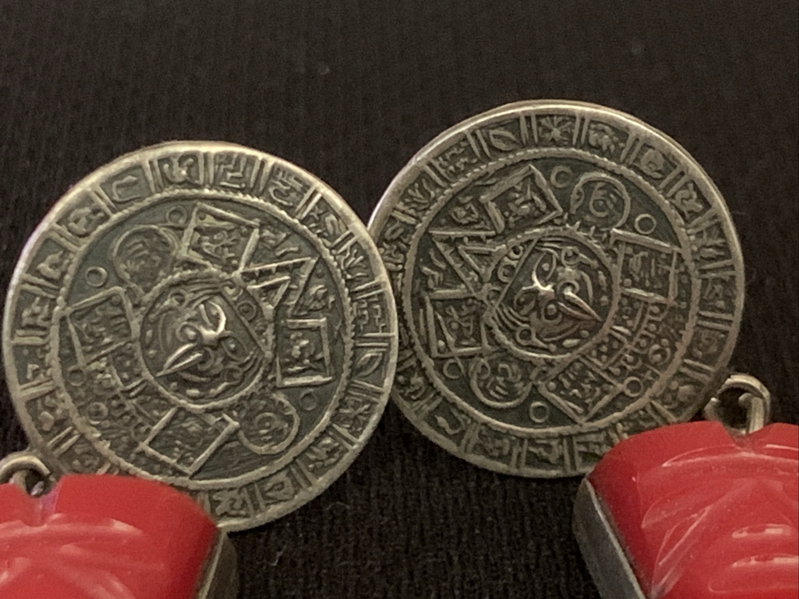 1940s Mexico Sterling Silver Aztec Calendar Red Coral… - Gem