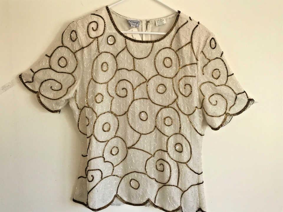 Vintage Heavy Beaded Top White Silk Blouse Top 80s Sequins NEW Stenay L ...