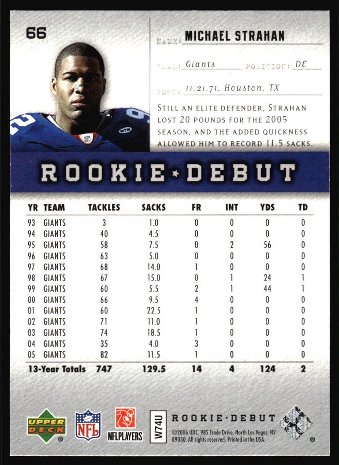 2006 Upper Deck Rookie Debut Michael Strahan #66 New York Giants | eBay