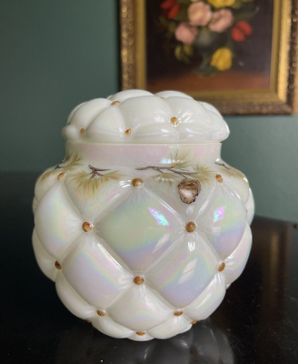 Vintage Consolidated Glass Con-Cora Pearlized Milk Glass Biscuit Jar ...