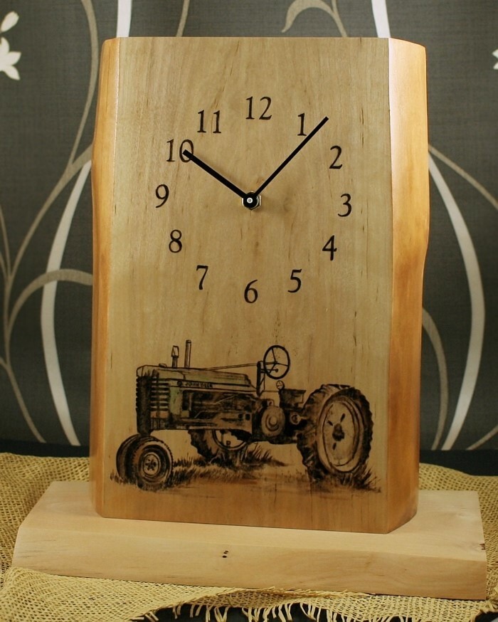 Wooden desk clock John Deere tractor design handcrafted pyrography home ...