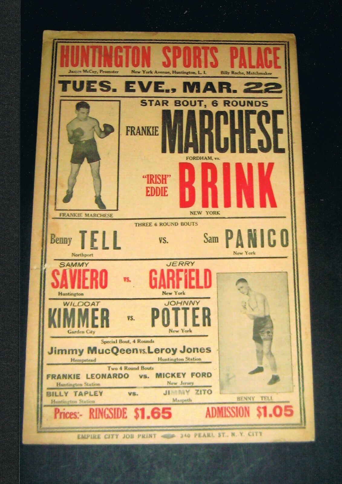 RARE 1920s boxing poster LONG ISLAND MARCHESE BRINK TELL PANICO SAVIERO ...