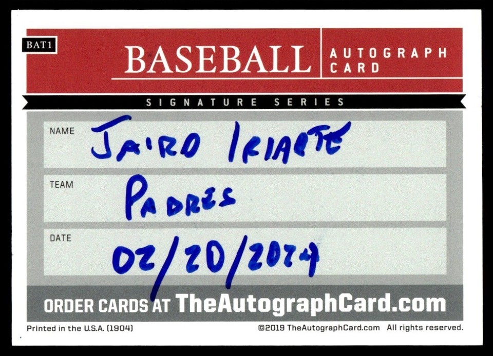 2024 Bat Barrel Card Baseball Jairo Iriarte San Diego Padres Signed ...