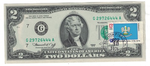 ** 1976 $2 TWO DOLLARS BILL FIRST DAY OF ISSUE W/ CANCELLED STAMP ...