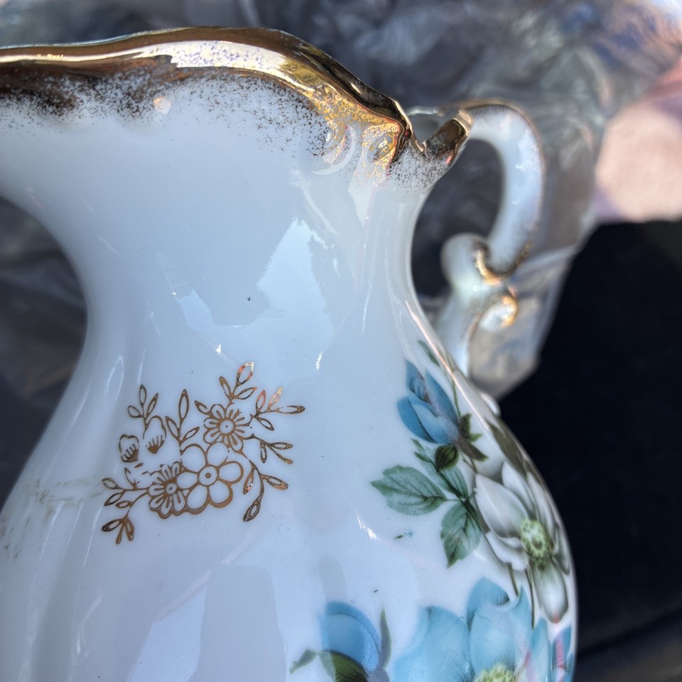 8inch Porcelain Pitcher with Blue Floral Design Gold Rim Made In Japan ...