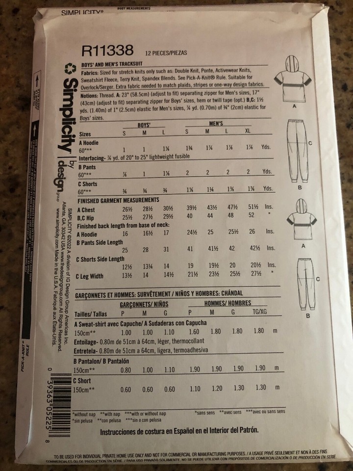 🌹SIMPLICITY #R11338-FATHER & SON TRACKSUIT-PANT-HOODIE PATTERN S-L / S ...