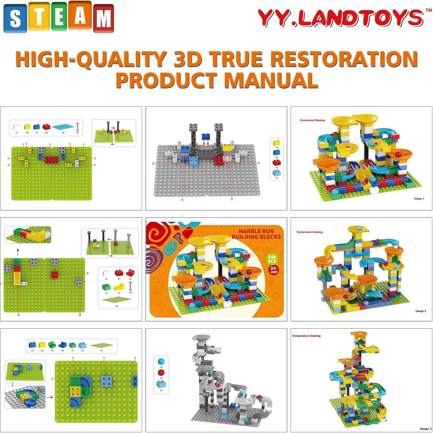 3In1 Marble Runs for Kids 4-8 Building Blocks/246Pcs Classic Big Blocks ...