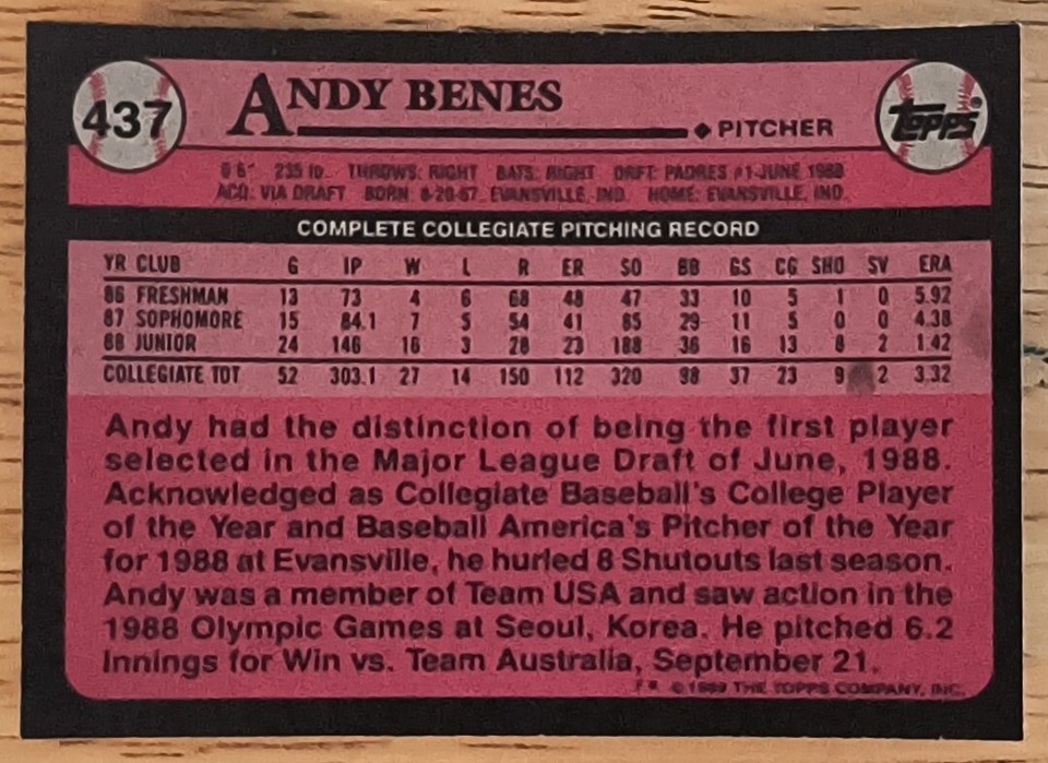 1989 Topps #1 Draft Rookie Card #437 Andy Benes San Diego Padres NM | eBay