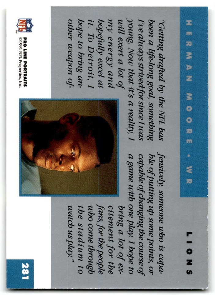 1991 Pro Line Portraits Herman Moore Rookie Detroit Lions #281 | eBay