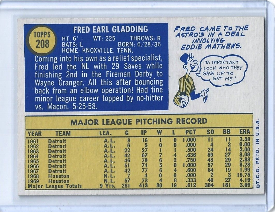 Fred Gladding-Houston Astros-1970 Topps Baseball Card #208 | eBay