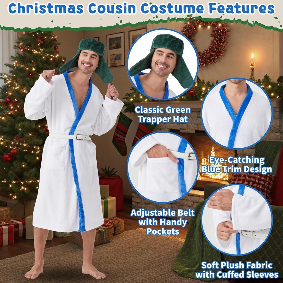 5PCS Christmas Vacation Cousin Eddie Costume Set White Robe Hat Belt 3X ...
