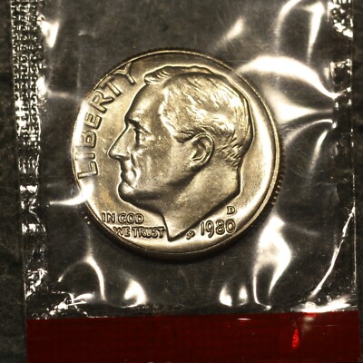 1980-D Roosevelt Dime 10c Coin GEM BU- 'Still in Original Mint Cello ...