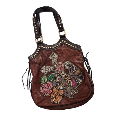 Kippys "Peace" Brown Bedazzled Crystal Tooled Leather Shoulder Tote Bag ...