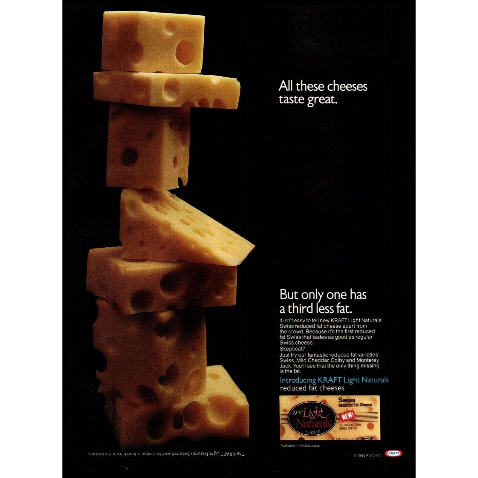 1986 Kraft Light Naturals Swiss Cheese Vintage Print Ad Wedge Cubes ...