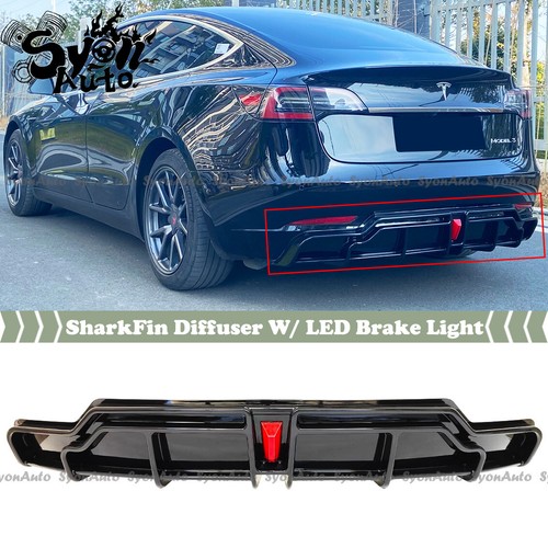FITS 2017-2024 TESLA MODEL 3 GLOSSY BLACK SHARK FIN DIFFUSER W/ LED ...