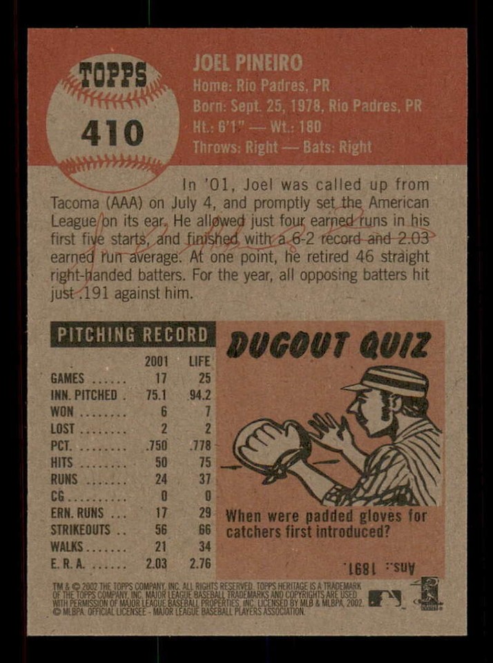 2002 Topps Heritage #410 Joel Pineiro (SP/Short Print) Mariners z | eBay