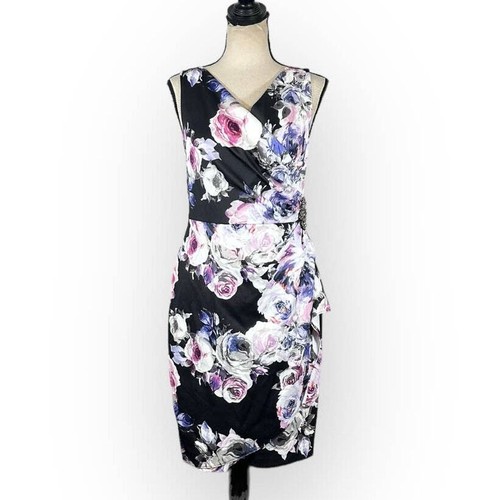 Alex Evenings Side Ruched Cocktail Dress Women's 8 Black Purple Floral ...
