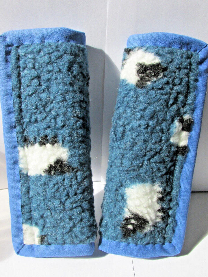 Lightly padded, Sheep on Blue Fleece, Car Seat Belt Cover Pads. X2 ...